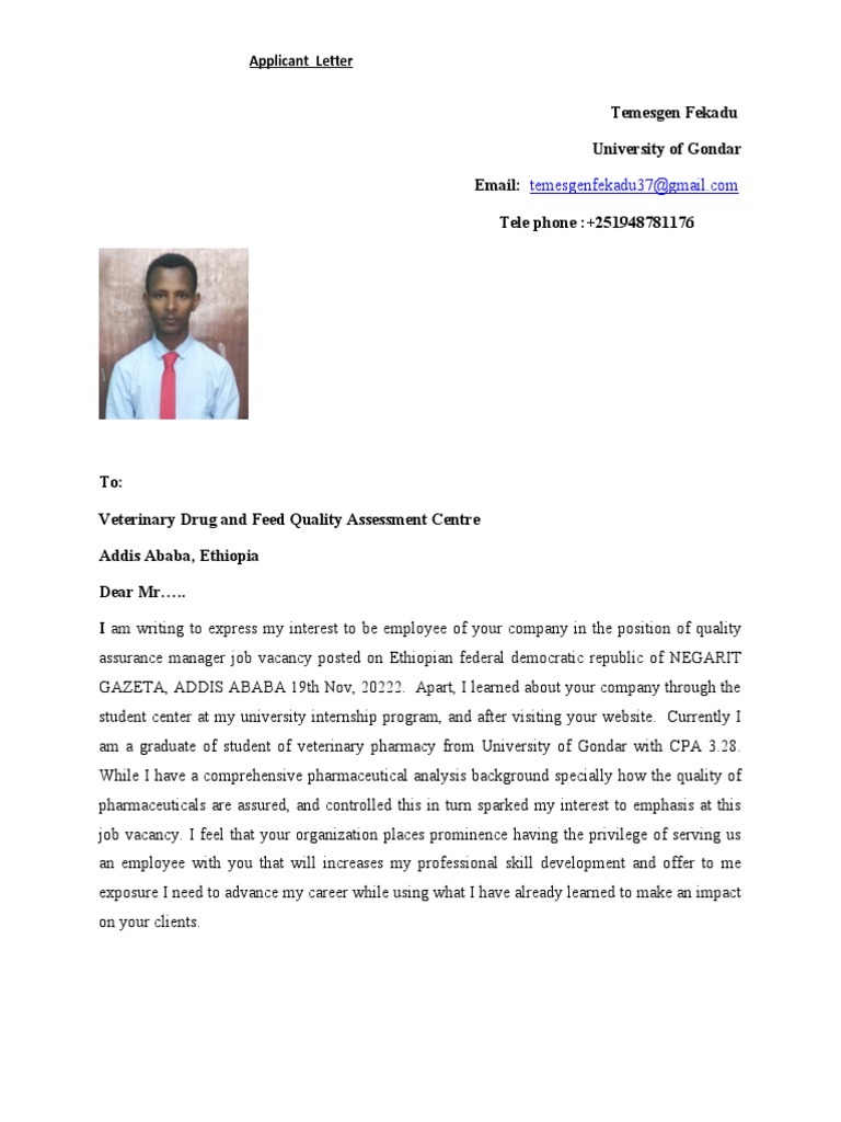 Temesgen Fekadu University of Gondar Email:: Applicant Letter | PDF