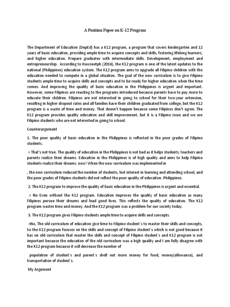 A Position Paper On k12 | Download Free PDF | Curriculum | Behavior ...