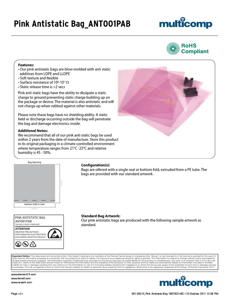 Anti Static Bag Data Sheet | PDF | Chemistry | Electricity