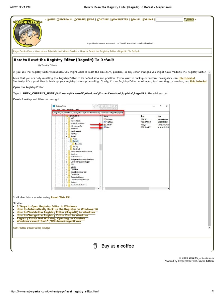 How To Reset The Registry Editor (Regedit) To Default - MajorGeeks | PDF