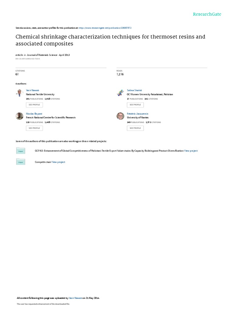 Characterization Techniques For Measuring Chemical Shrinkage In Thermosetting Resins And Fiber