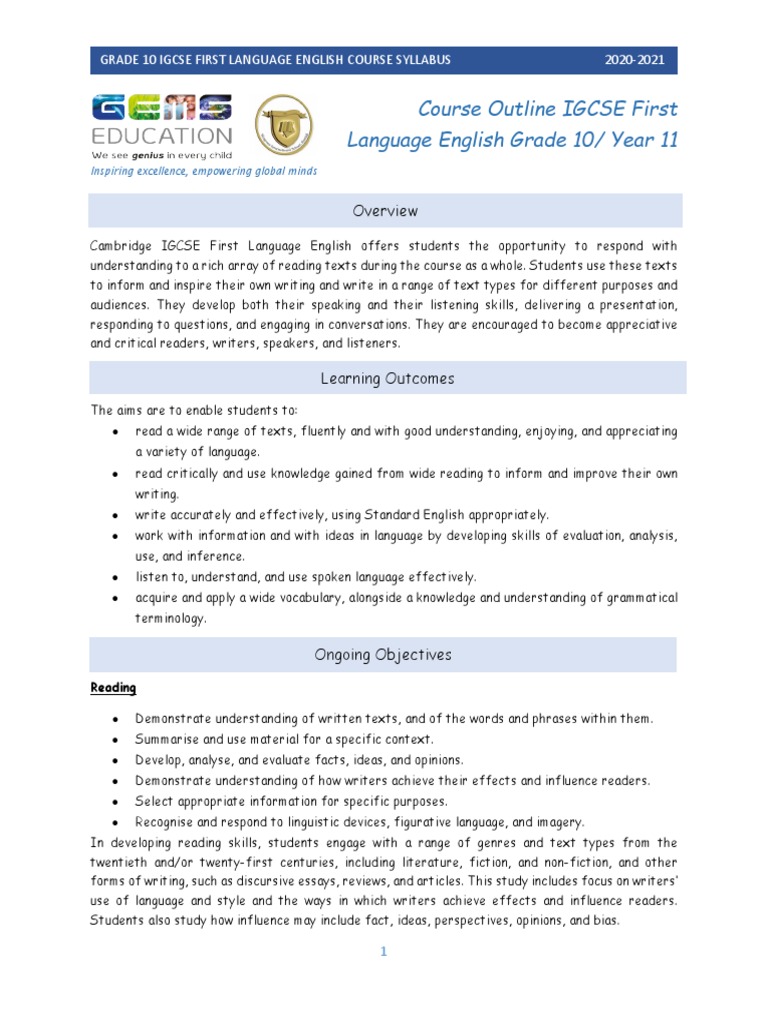 Grade 10 English Language Syllabus Overview 2020 2021 Download Free