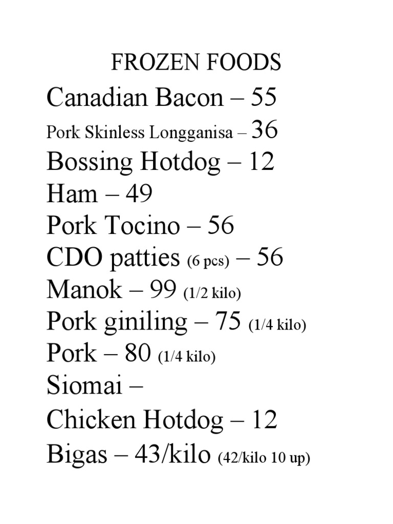 Frozen Foods Price List | PDF