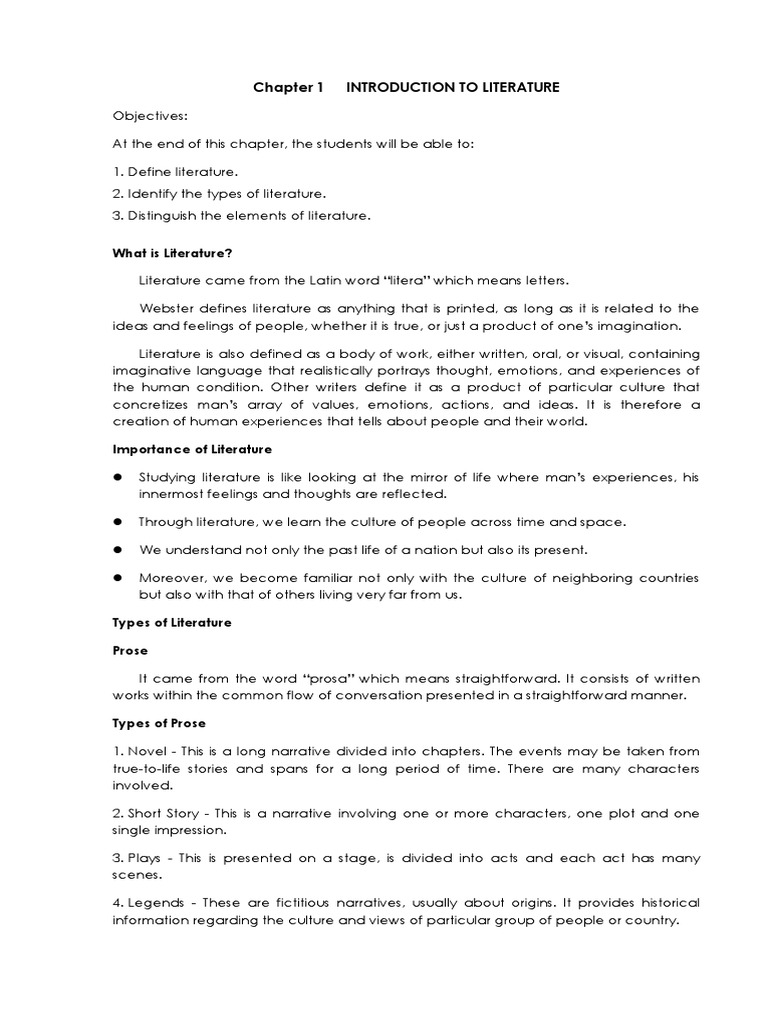 Chapter 1 INTRODUCTION TO LITERATURE | PDF | Narration | Narrative