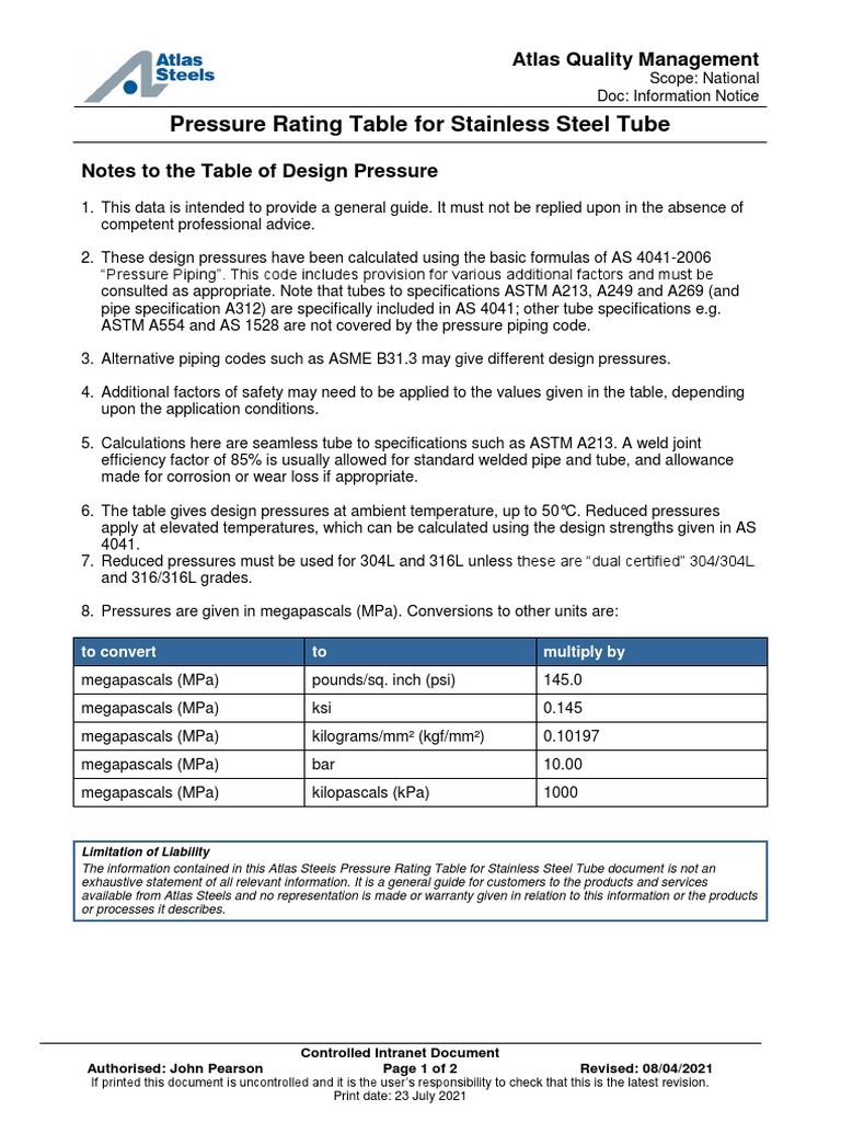 Pressure Rating Table For Stainless Steel Tube 08 04 21 | PDF | Pipe (Fluid Conveyance) | Pascal ...