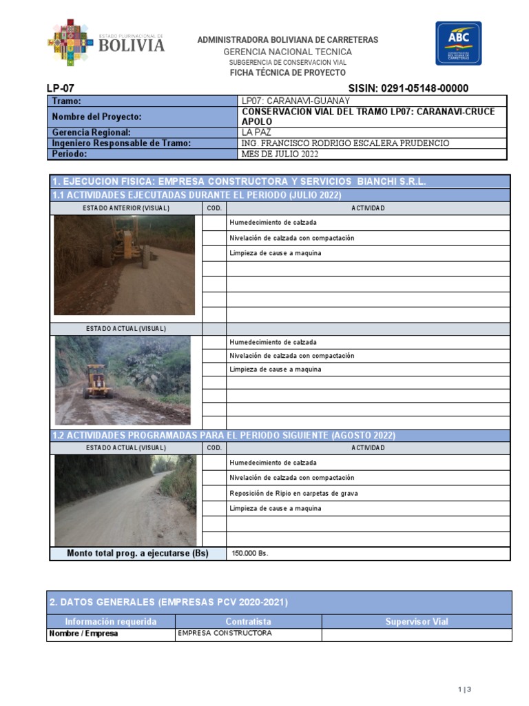 FICHA - TECNICA LP07 CARANAVI-GUANAY Julio 22 | PDF