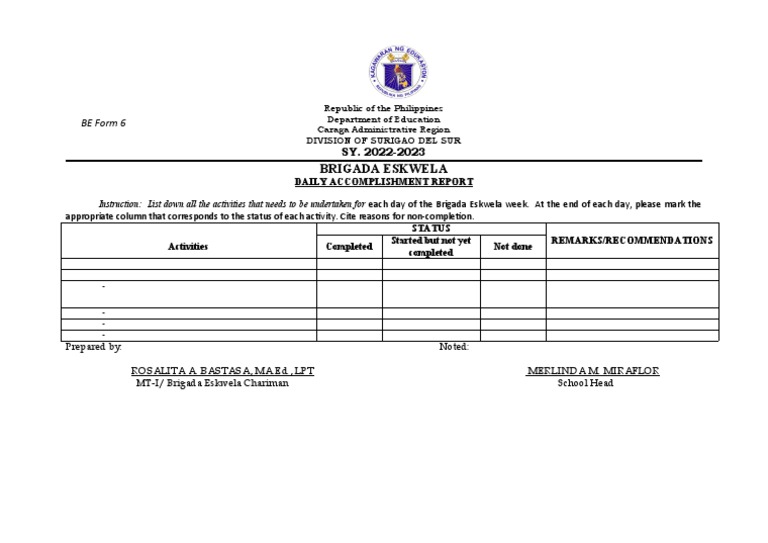 BE Form 6 DAILY ACCOMPLISHMENT REPORT | PDF