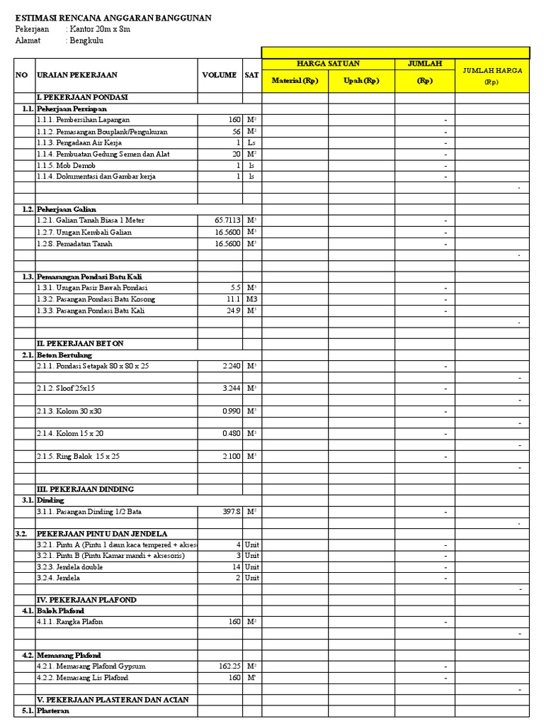 DRAFT Estimasi Perhitungan RAB Kantor 20m X 8m | PDF | Teknologi & Rekayasa