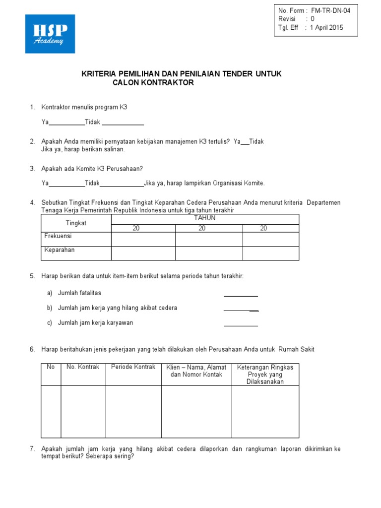 FORM 13. Kriteria Pemilihan Dan Penilaian Tender Untuk Calon Kontraktor ...