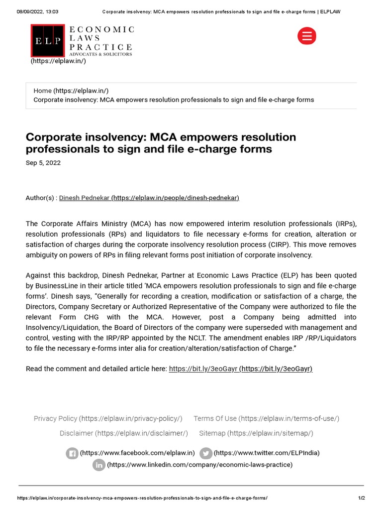 Corporate Insolvency: MCA Empowers Resolution Professionals To Sign and ...