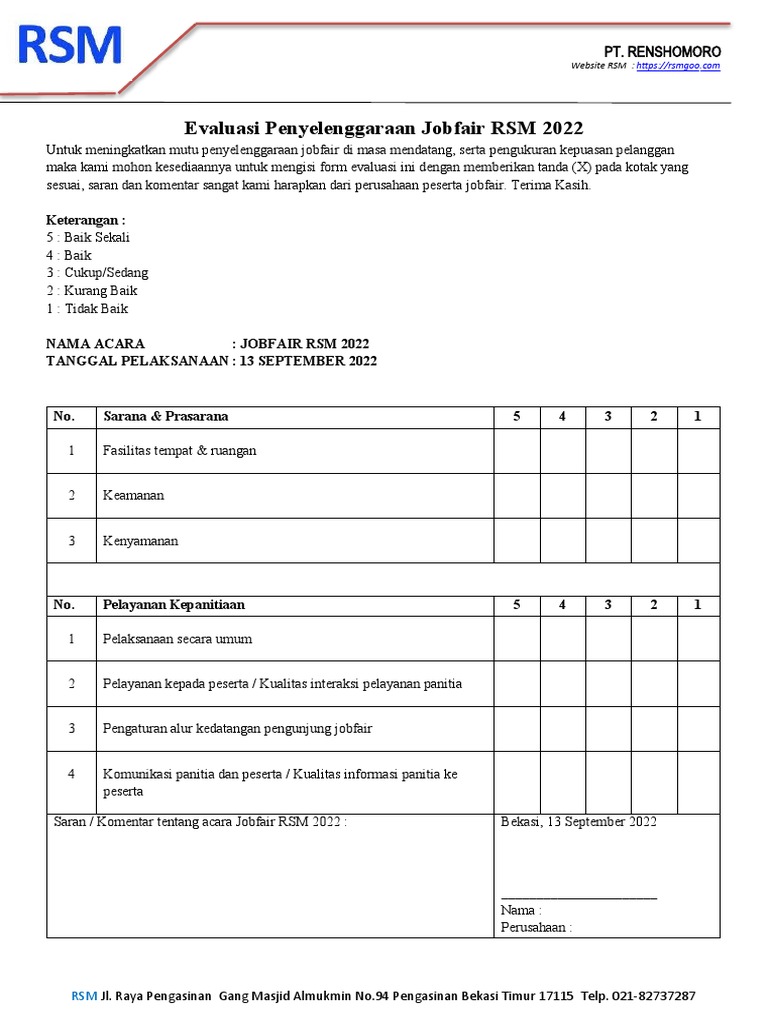 Form Evaluasi Jobfair RSM 2022 | PDF