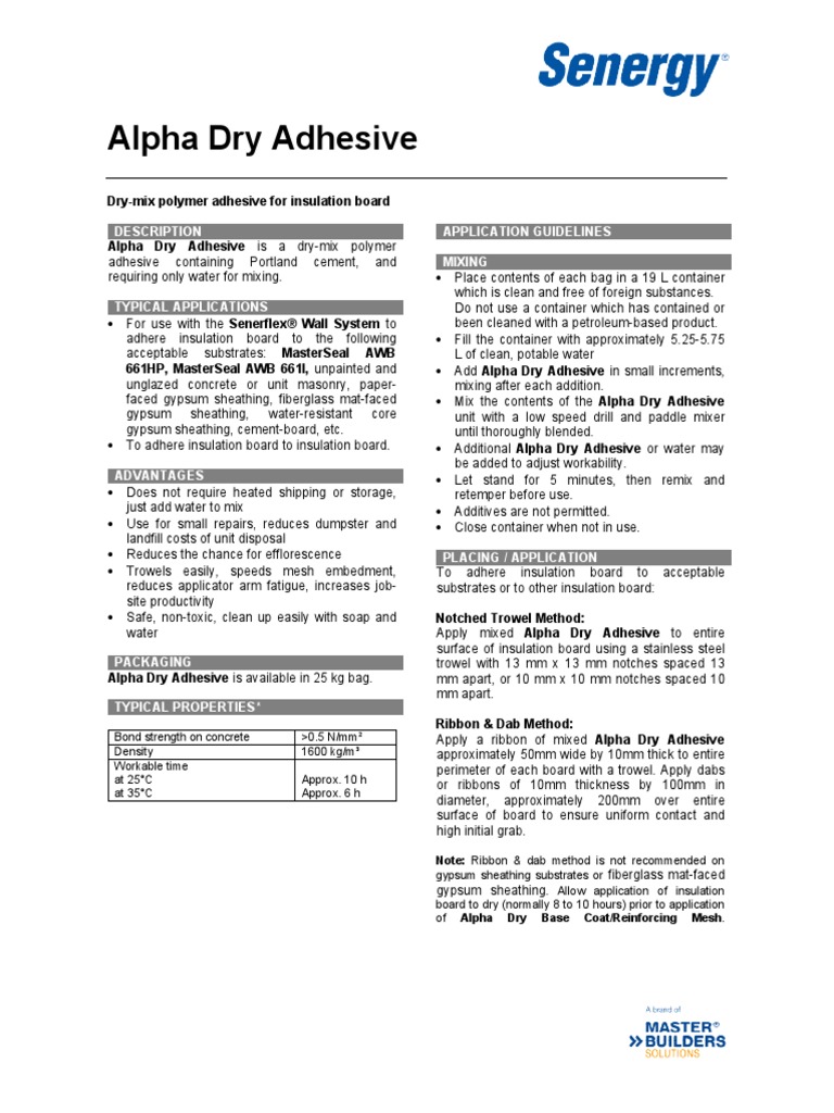 Alpha Dry Adhesive Tds 843706 | PDF | Adhesive | Concrete