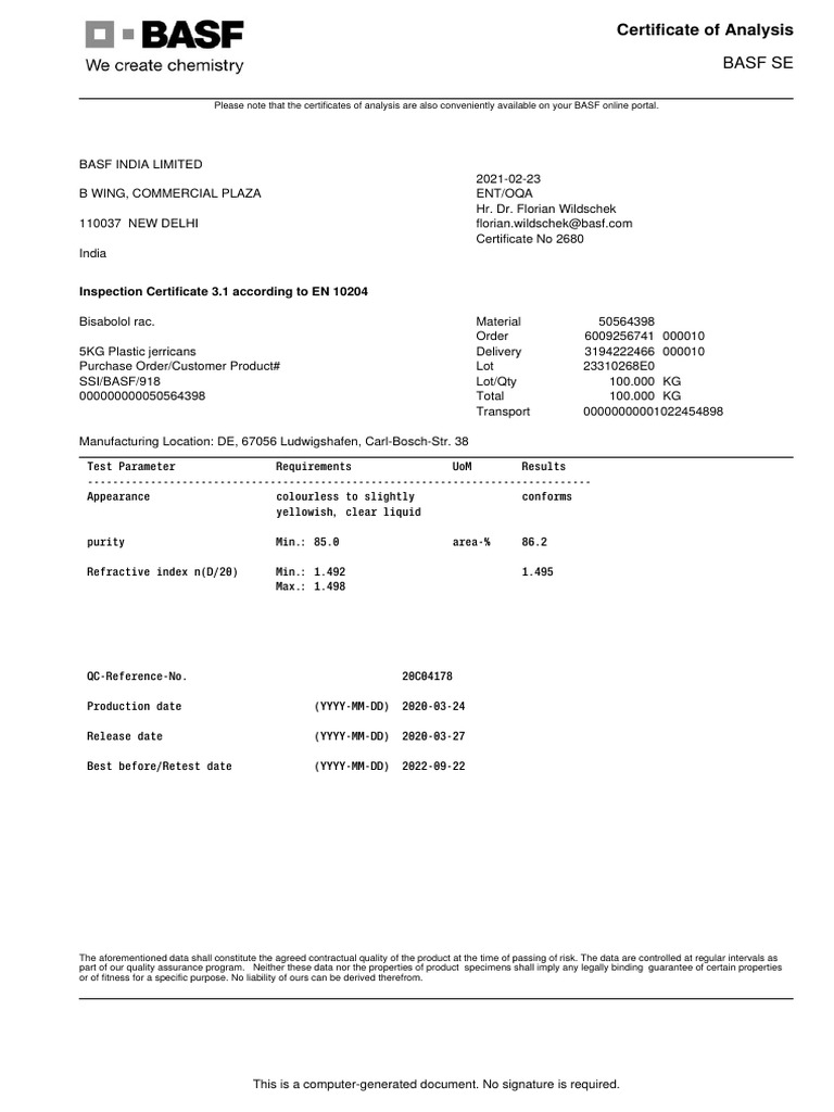 01 Bisabolol Coa Msds Fa | PDF | Dangerous Goods | Toxicity