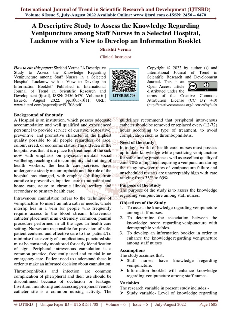 A Descriptive Study To Assess The Knowledge Regarding Venipuncture ...