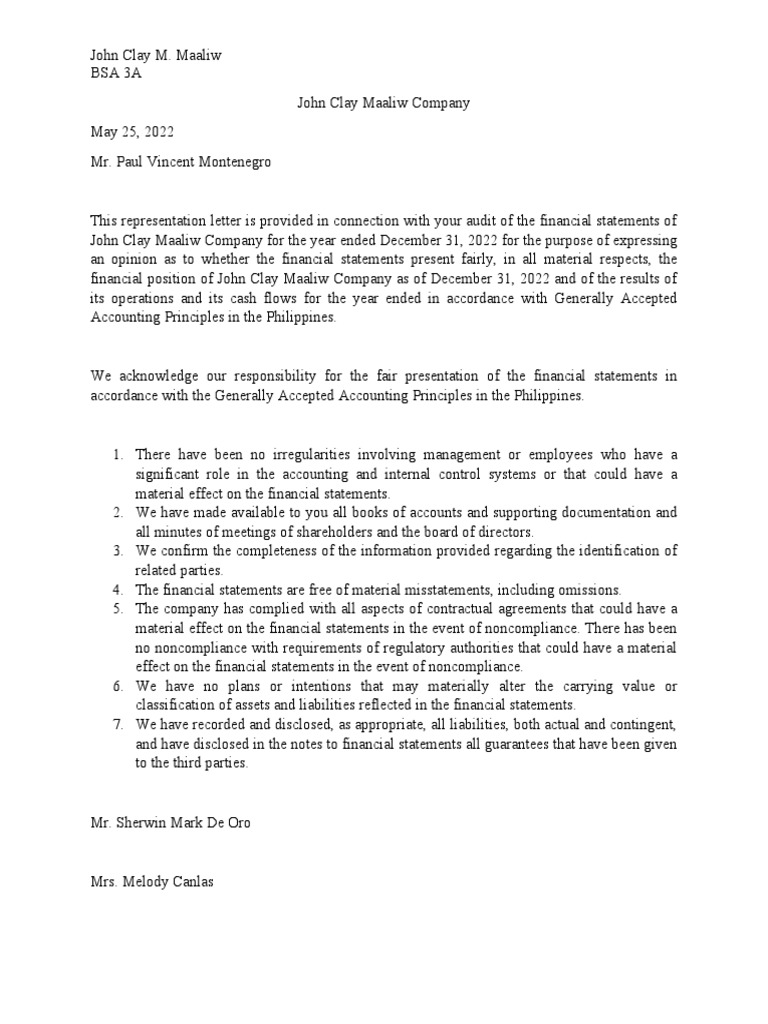 Management Representation Letter - 112039 | PDF