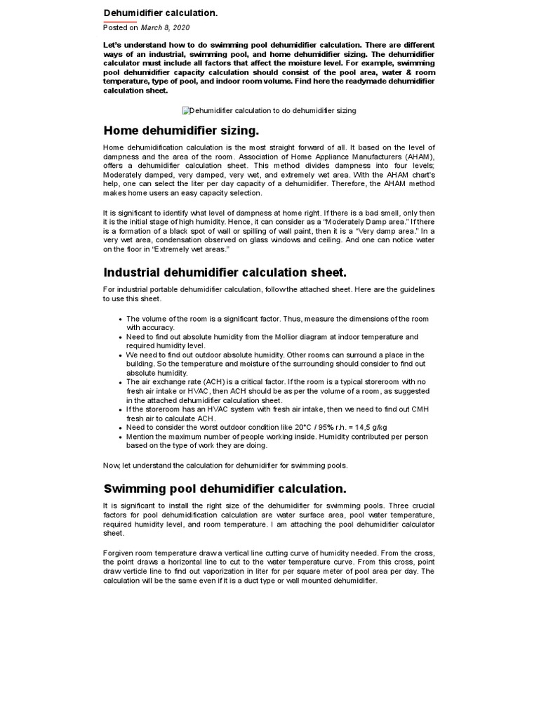 Dehumidifier Calculation For Home, Swimming Pool & Industries. - CtrlTech | PDF | Humidity ...