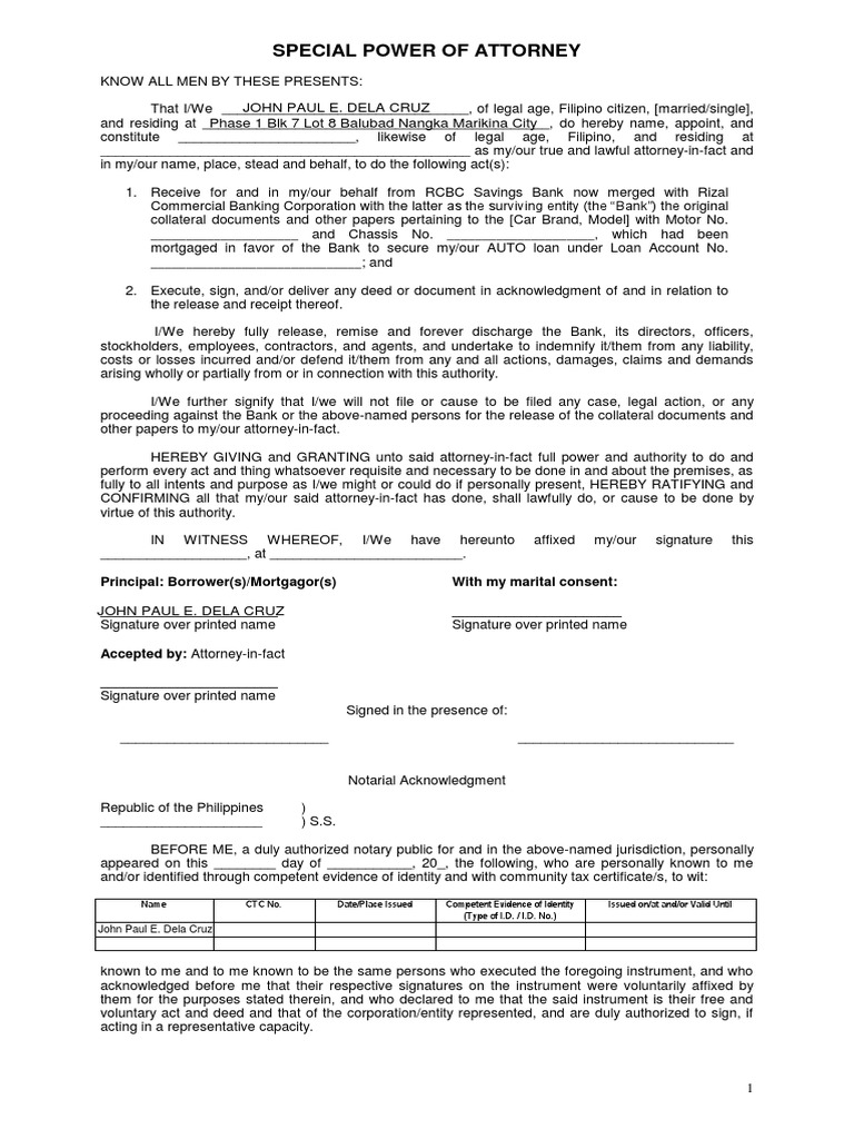 Special Power of Attorney Release | PDF | Power Of Attorney | Loans