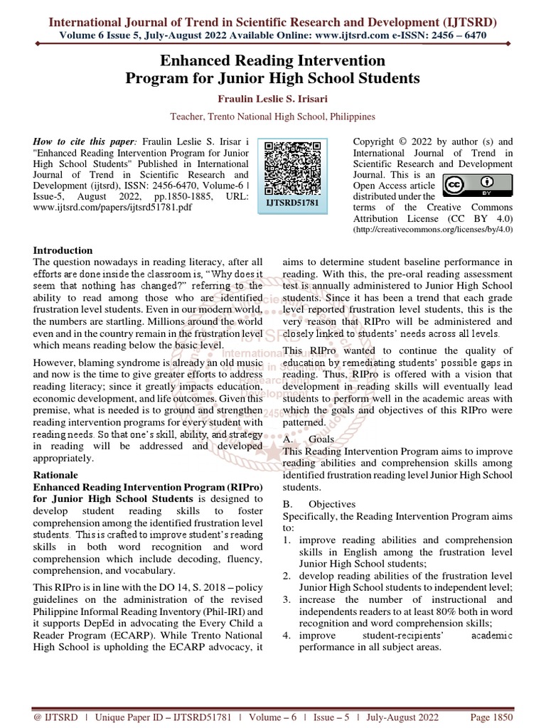 Enhanced Reading Intervention Program For Junior High School Students ...