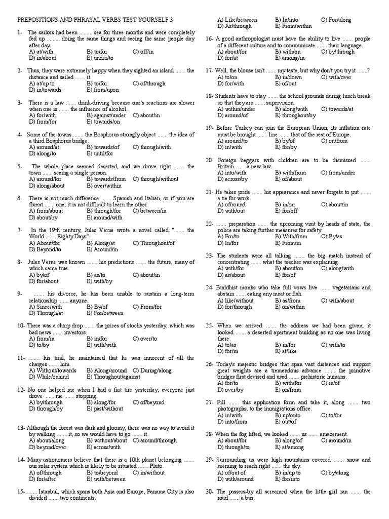 Verbs and Prepositions Practice Test | PDF