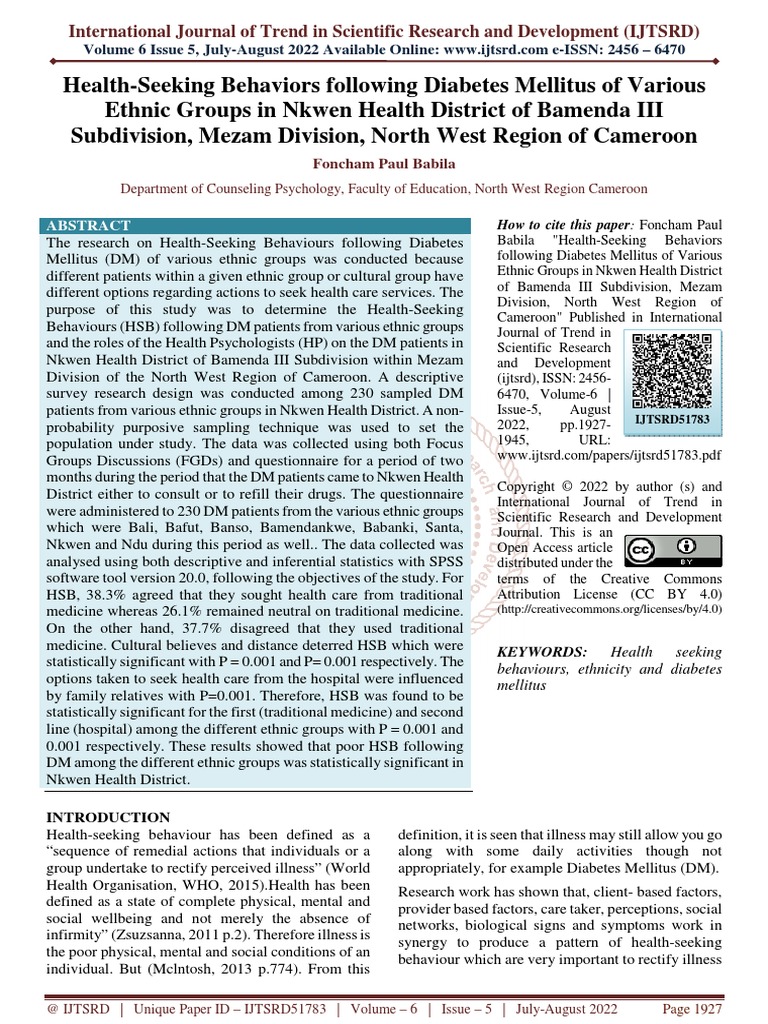 Health Seeking Behaviors Following Diabetes Mellitus of Various Ethnic ...