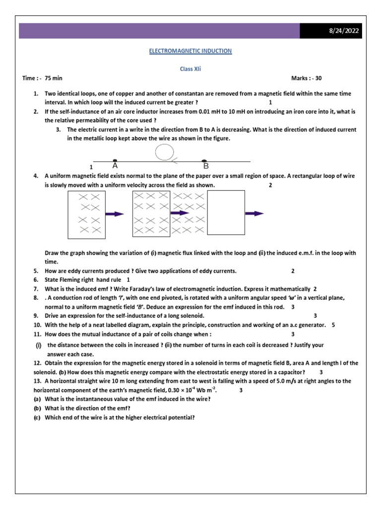 ELECTROMAGNETIC INDUCTION Test | PDF | Electromagnetic Induction ...