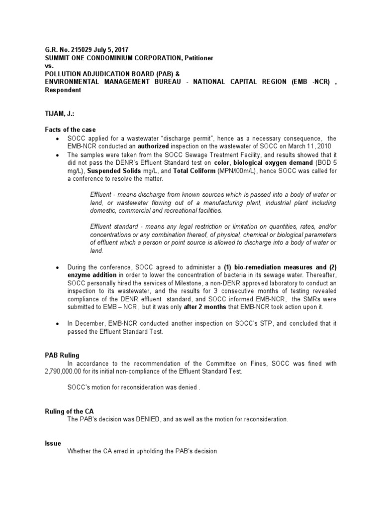 Summit One Condominium Corp. vs. PAB - Yung Wasterwater Sample | PDF ...