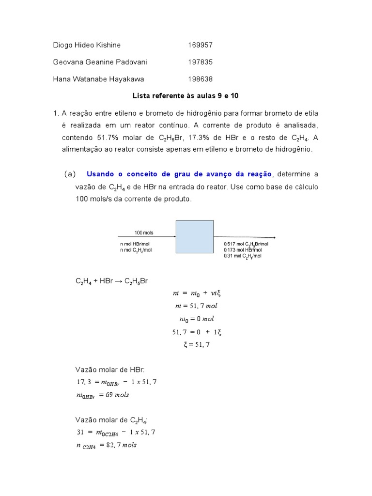 Exercícios Aulas 9 e 10 | PDF | Equilíbrio químico | Estequiometria