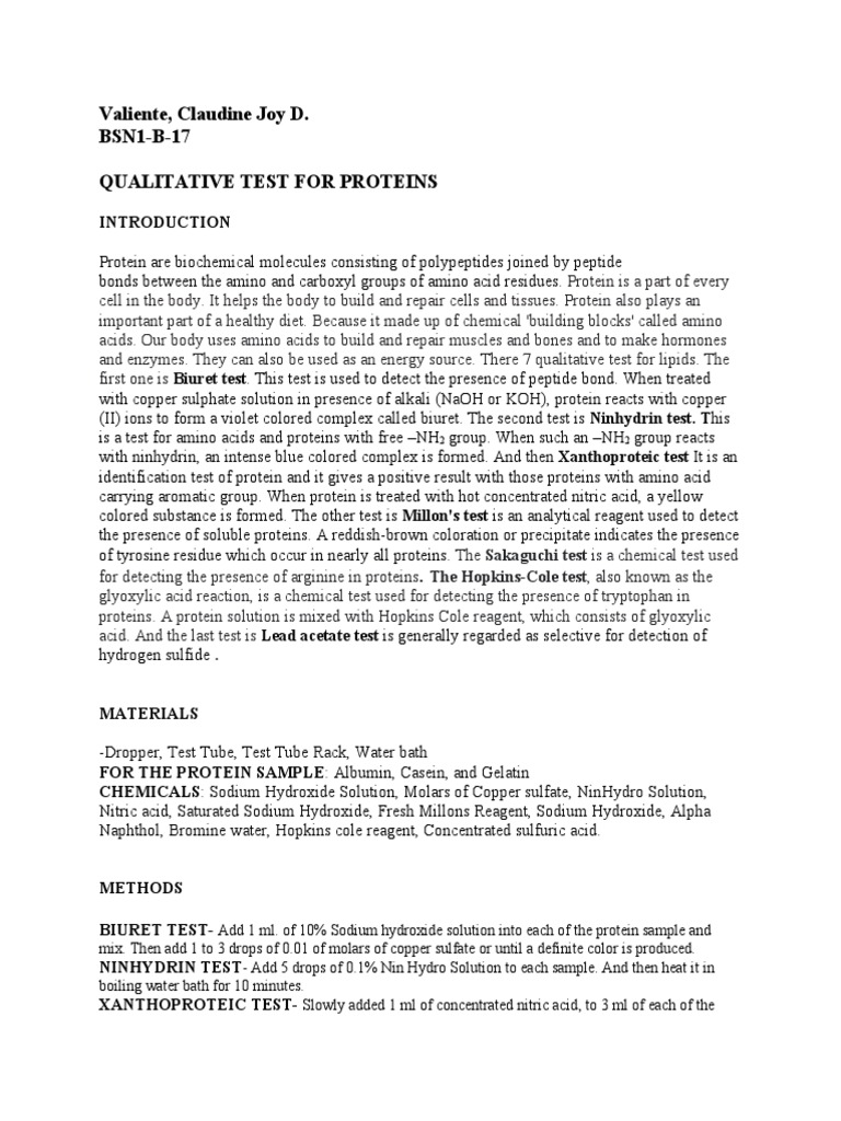 Proteins Lab Report-Valiente | PDF