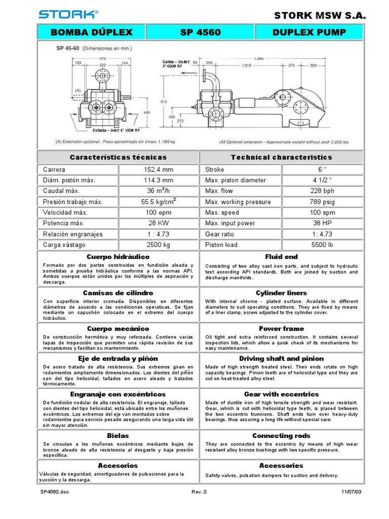 Descripción técnica detallada de una bomba de pistón alternativo Stork modelo SP4560 | PDF ...