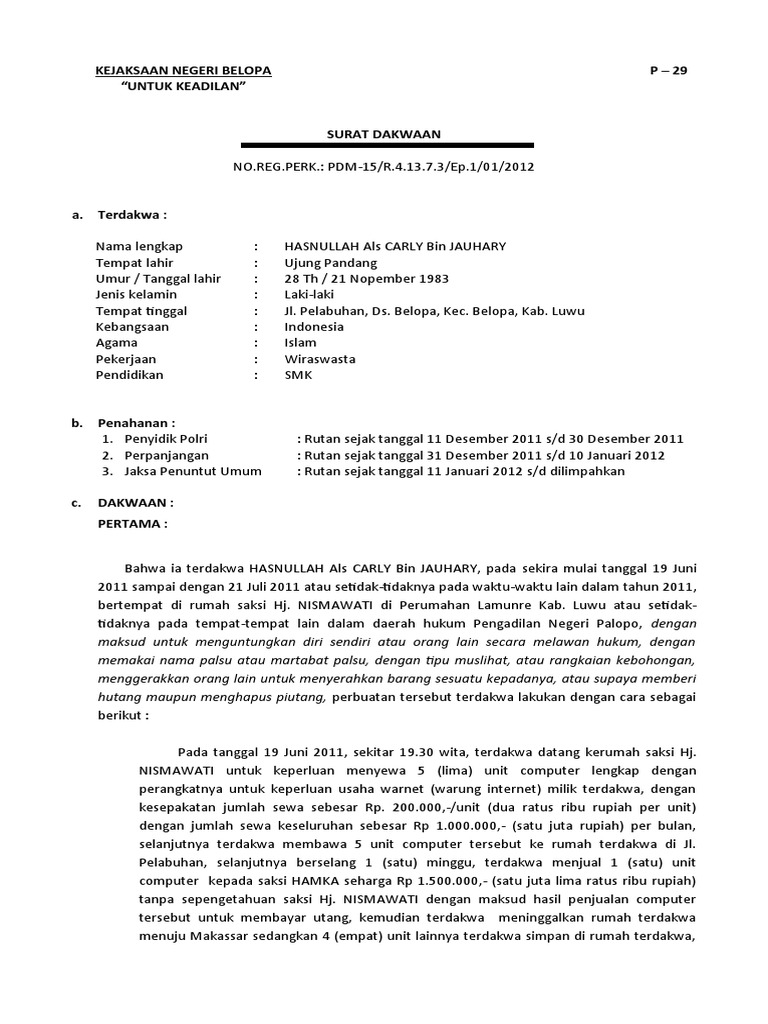 Contoh Surat Dakwaan Alternatif 2012 | PDF