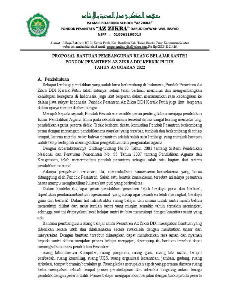 Proposal Pembangunan Ruang Belajar Pesantren Az Zikra | PDF