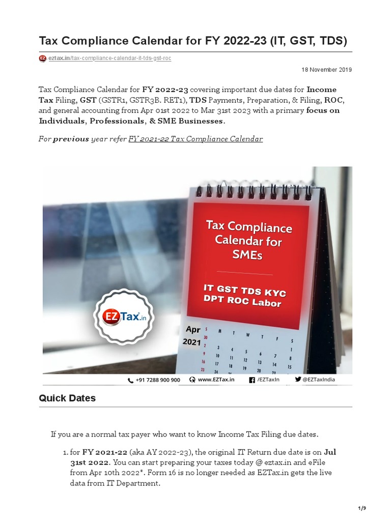 Tax Compliance Calendar For FY 2022-23 IT GST TDS | PDF | Fiscal Year ...