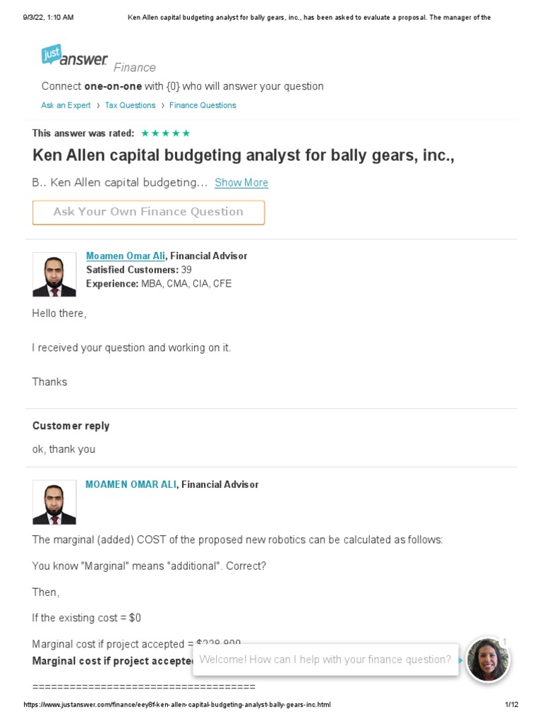 Ken Allen Capital Budgeting Analyst For Bally Gears, Inc., Has Been Asked To Evaluate A Proposal ...