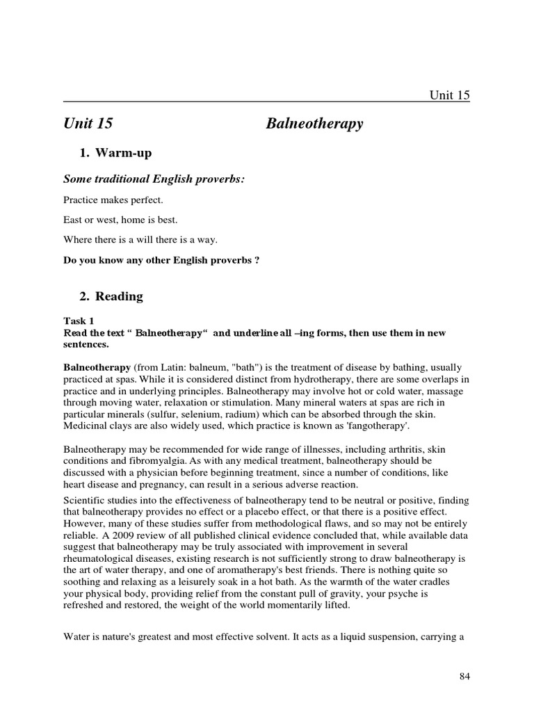 Unit 15 Balneotherapy: 1. Warm-Up | PDF | Water | Health Sciences