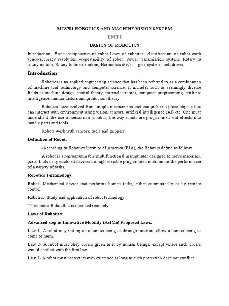 Robotics Unit 1 Notes | PDF | Gear | Robotics