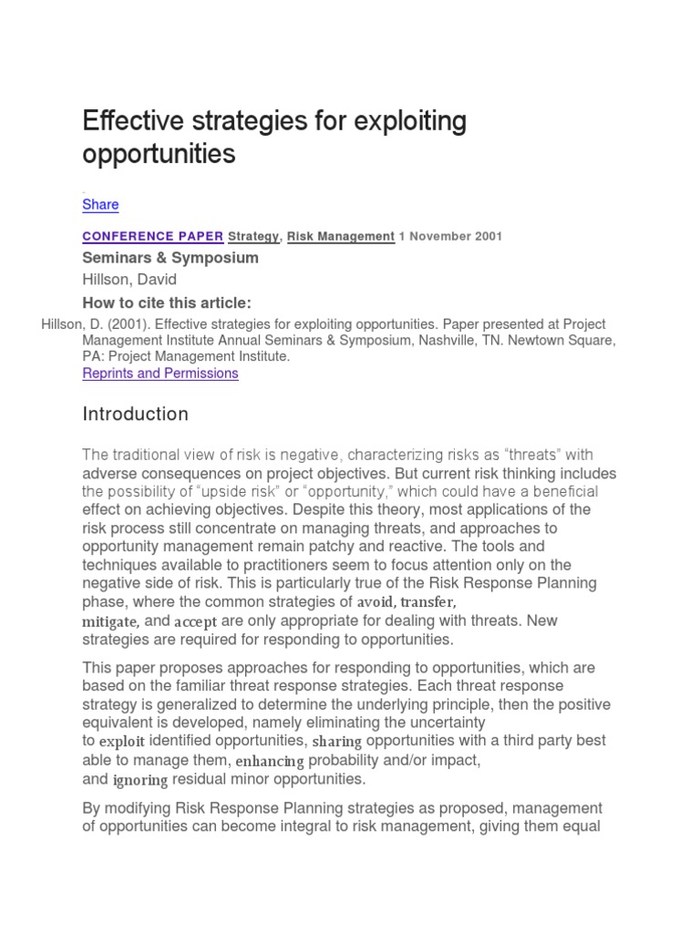 Effective Strategies For Exploiting Opportunities | PDF | Risk | Risk Management