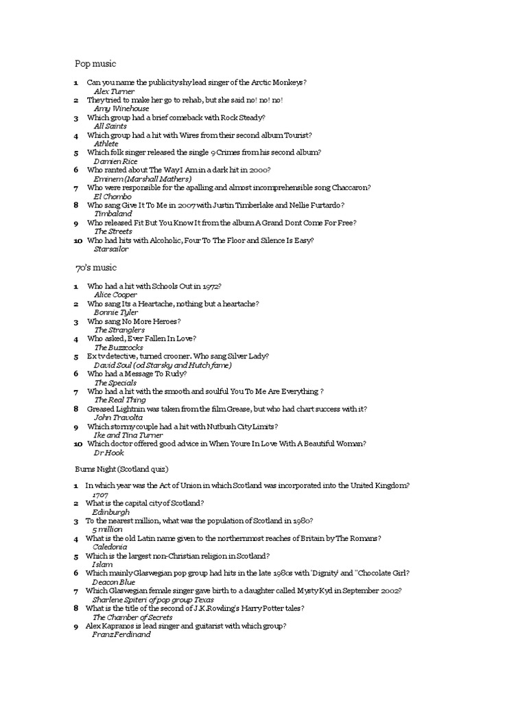 Pop Quiz: A Mix of Music and Pop Culture Trivia | PDF | Scotland | Wales