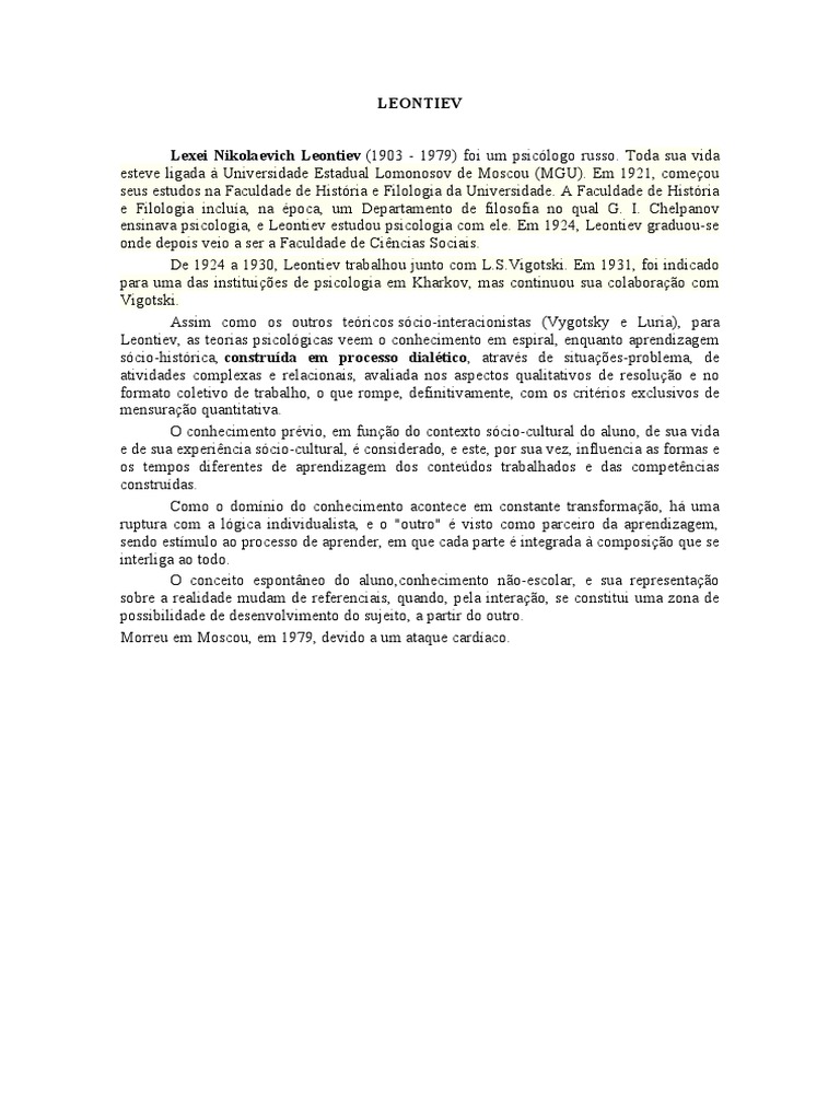 Legado de Leontiev na Psicologia | PDF | Ciências Sociais | Filosofia
