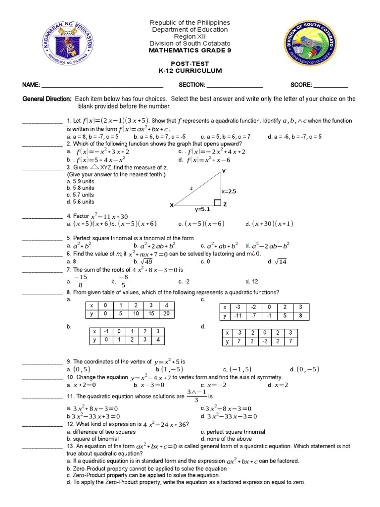Grade 9 | PDF | Trigonometric Functions | Quadratic Equation