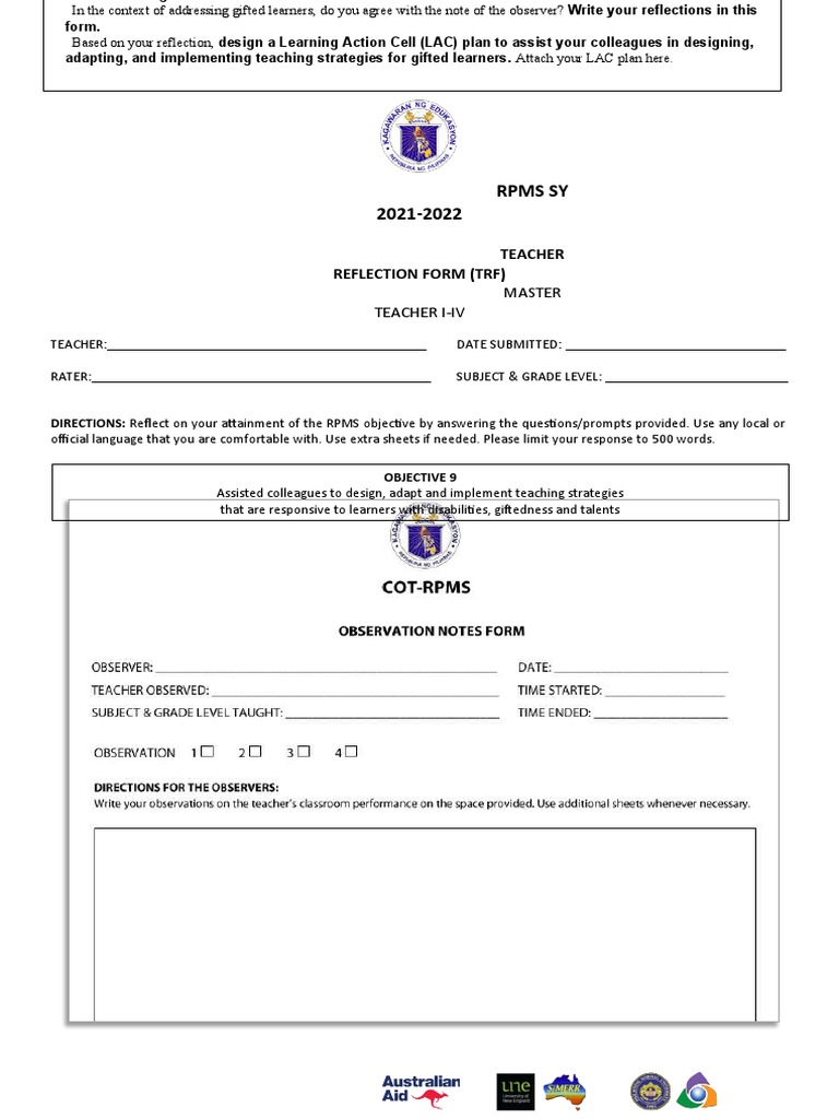 Teacher Reflection Form for RPMS 2021-2022 | PDF | Teaching Method ...