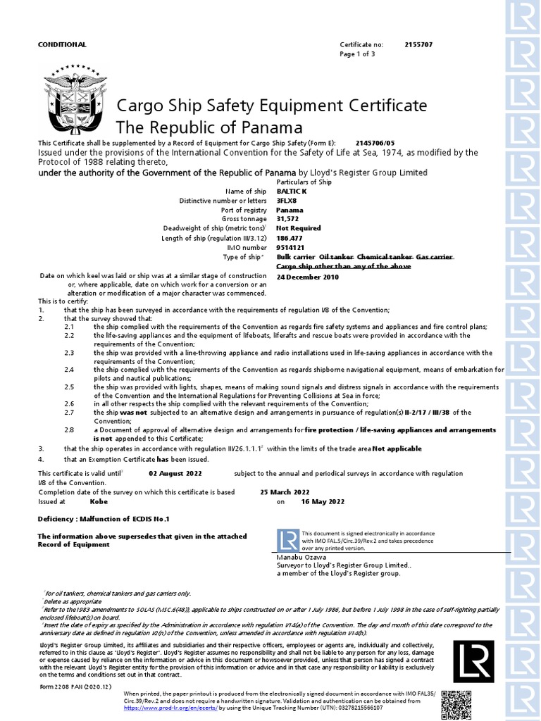 Cargo Ship Safety Equipment Certificate (Harmo | PDF | Tonnage | Freight Transport