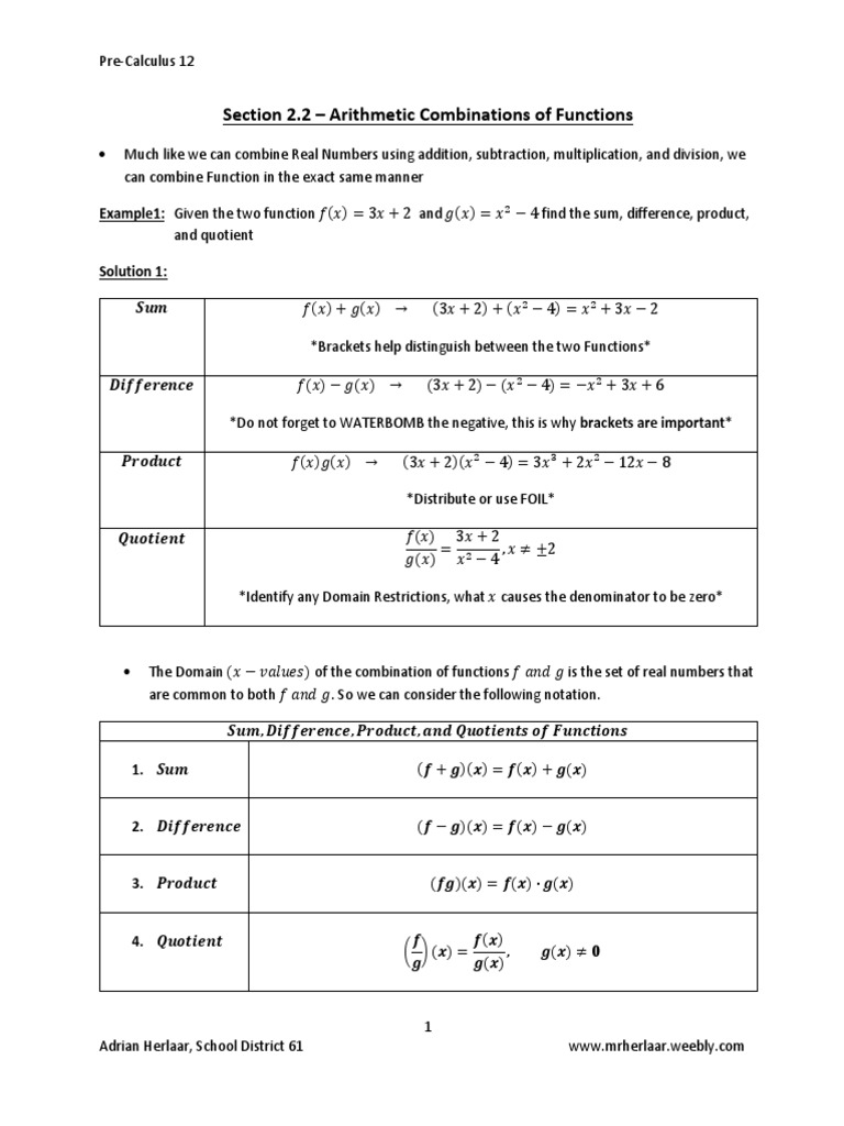 Section 2.2 - Arithmetic Combination of Functions | PDF | Function (Mathematics) | Mathematical ...