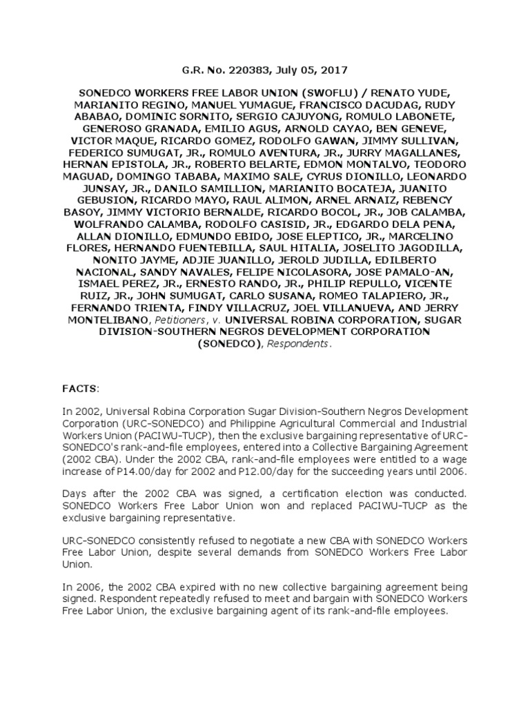 DONE Sonedco Workers Free Labor Union (SWOFLU) vs. Universal Robina ...