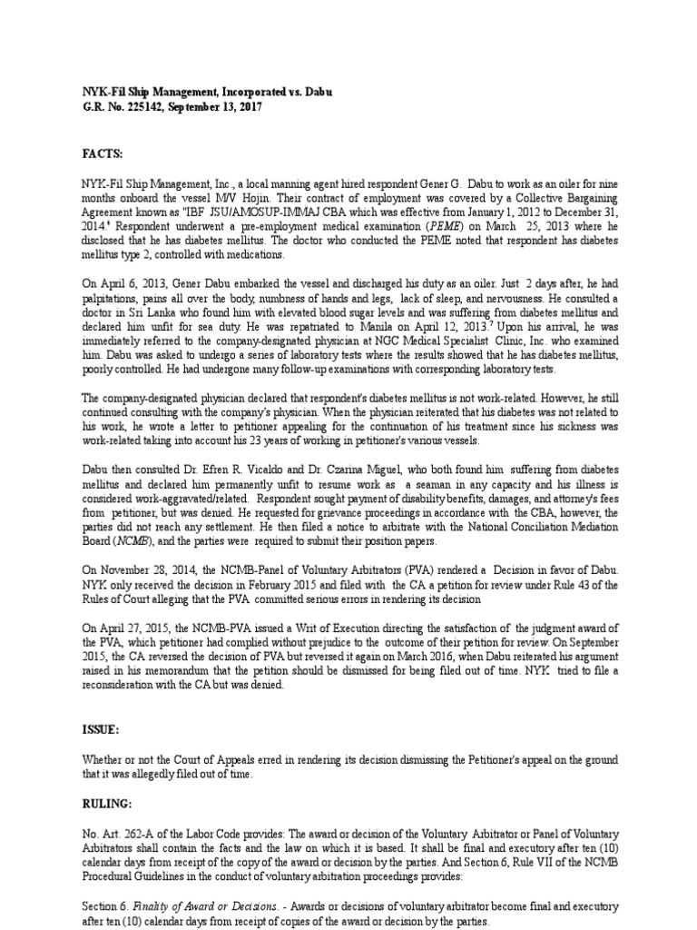 DONE NYK-Fil Ship Management, Incorporated vs. Dabu | PDF | Arbitration ...