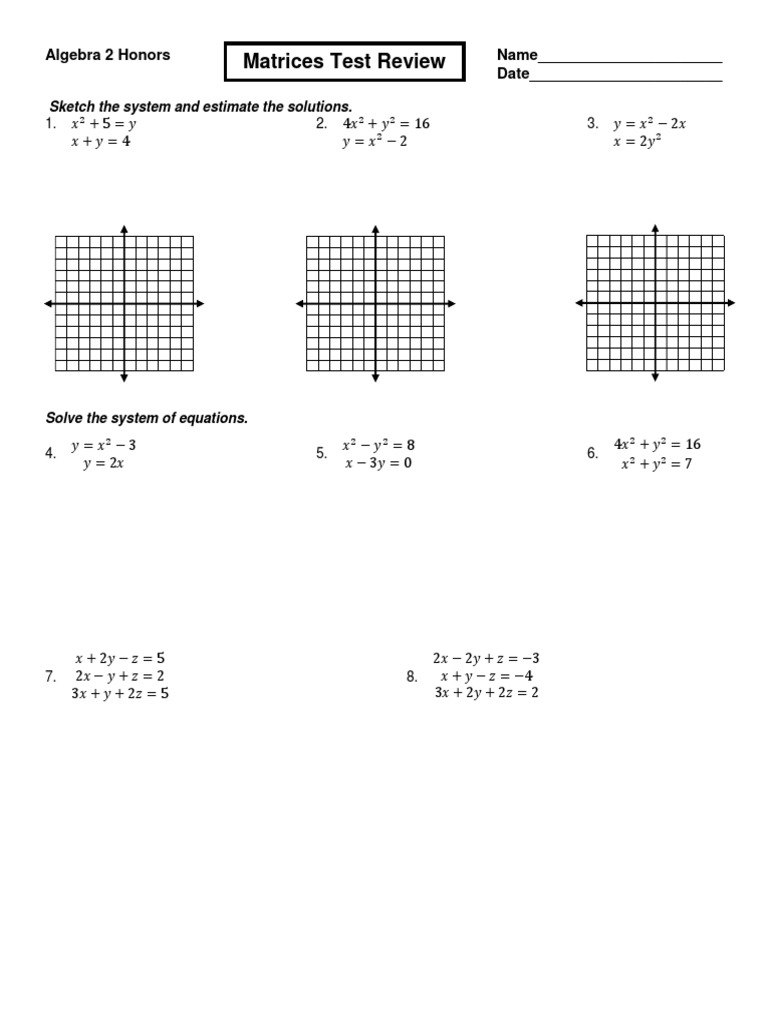 Algebra 2 Honors Matrices Test Review | PDF | Matrix (Mathematics ...