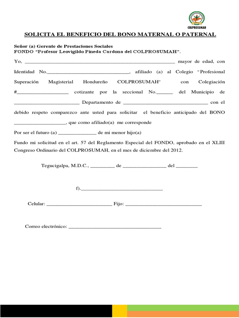 Formato de Solicitud Del Bono Maternal | PDF