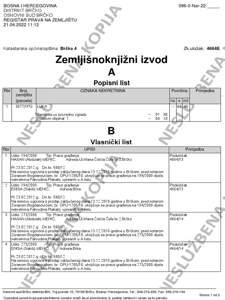 Zemljišnoknjižni Izvod A: Popisni List | PDF