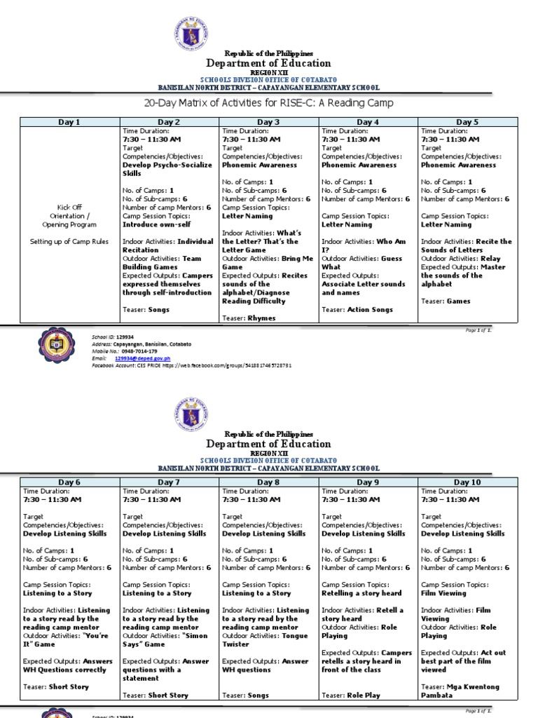 20-Day Reading Camp Activity Matrix | PDF | Writing | Communication