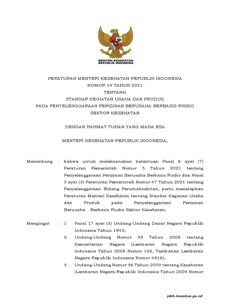 PMK NO 14 Tahun 2021 Tentang STANDAR USAHA BERBASIS RESIKO KESEHATAN-1 | PDF