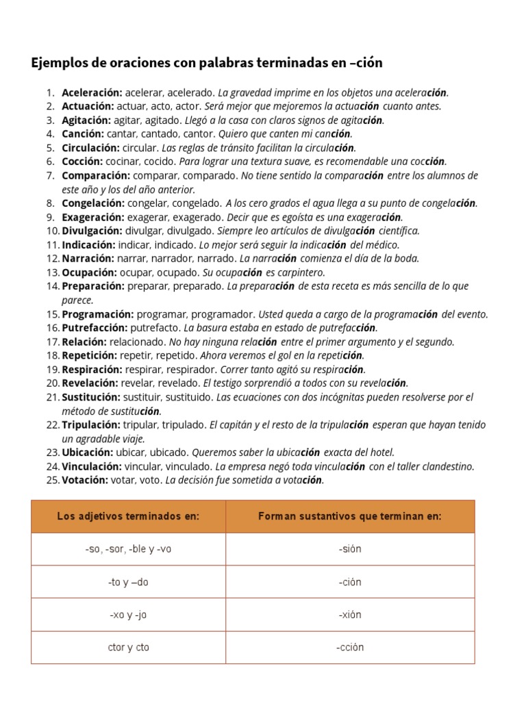 Oraciones y palabras con -ción y -sión | PDF | Artes del Lenguaje y ...
